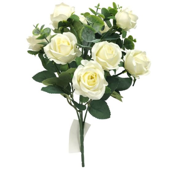 30cm Ivory Mini Rose Bush with Eucalyptus - 10 Heads - Artificial Flow ...